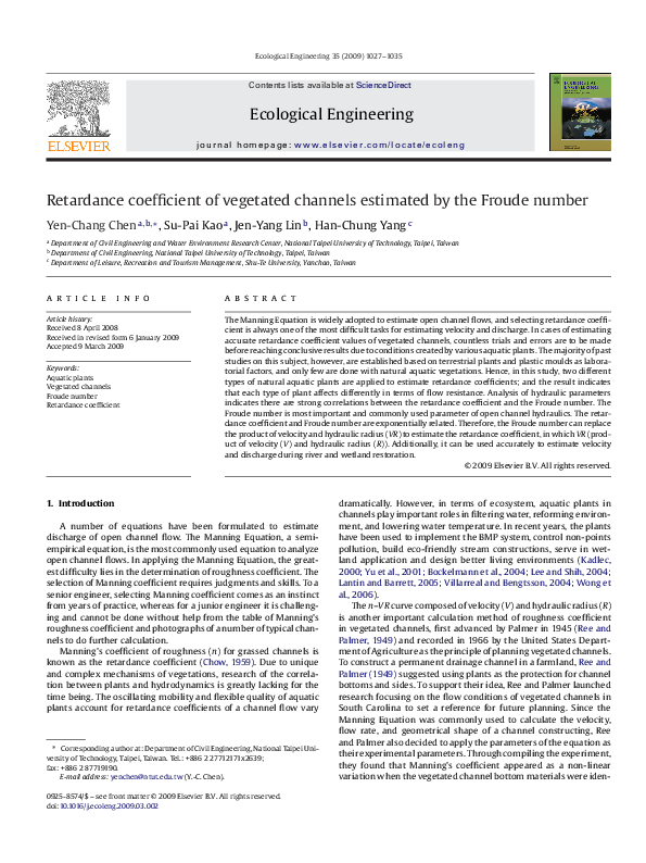(PDF) Retardance coefficient of vegetated channels estimated by the ...