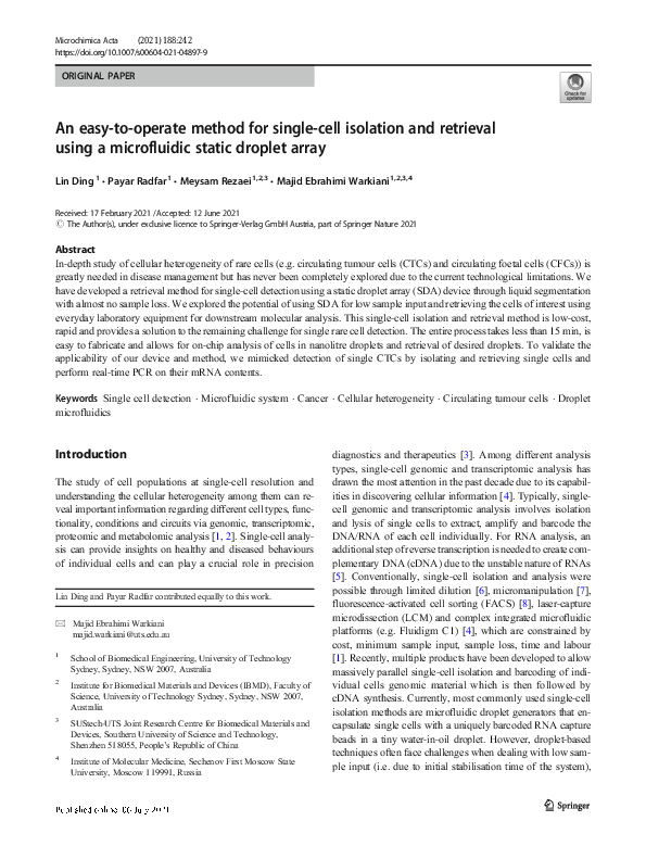 (PDF) An easy-to-operate method for single-cell isolation and retrieval using a microfluidic ...