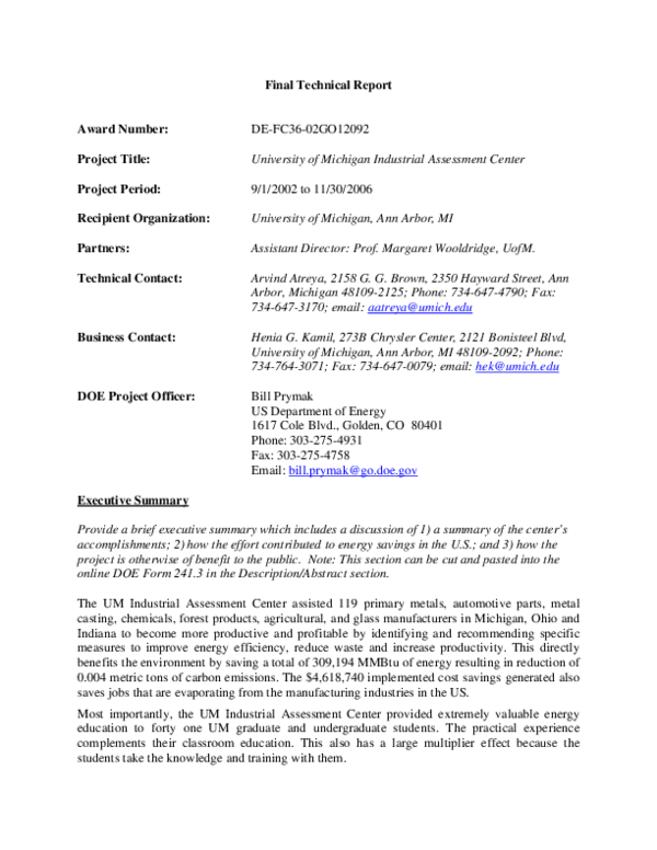 (PDF) Final Technical Report for University of Michigan Industrial Assessment Center