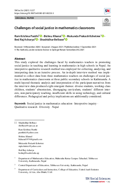 (PDF) Challenges of social justice in mathematics classrooms