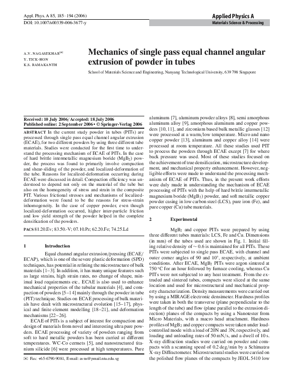 (PDF) Mechanics of single pass equal channel angular extrusion of ...