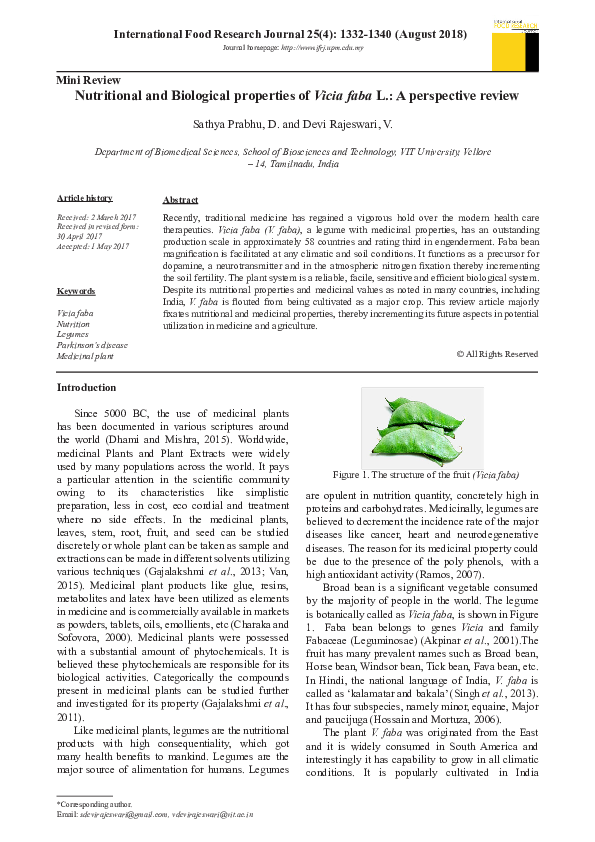 (PDF) Nutritional and Biological properties of Vicia faba L.: A perspective review