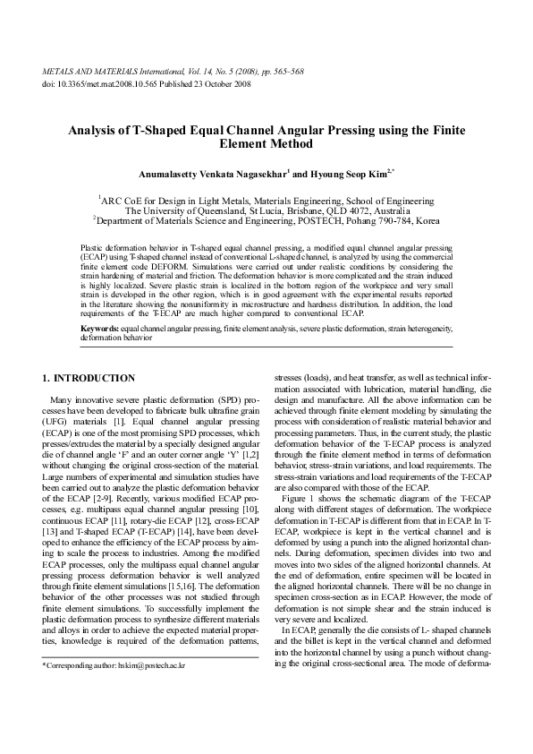 (PDF) Analysis of T-Shaped Equal Channel Angular Pressing using the Finite Element Method