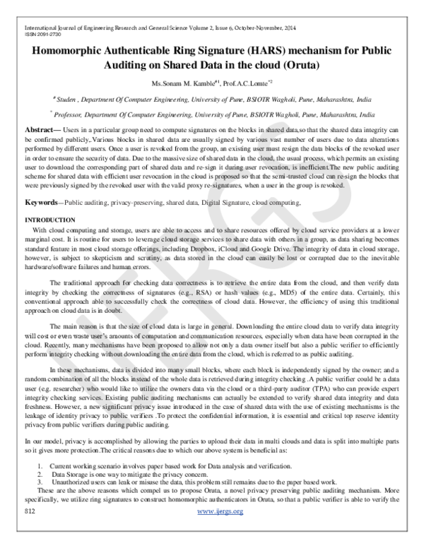 (PDF) Homomorphic Authenticable Ring Signature (HARS) mechanism for ...