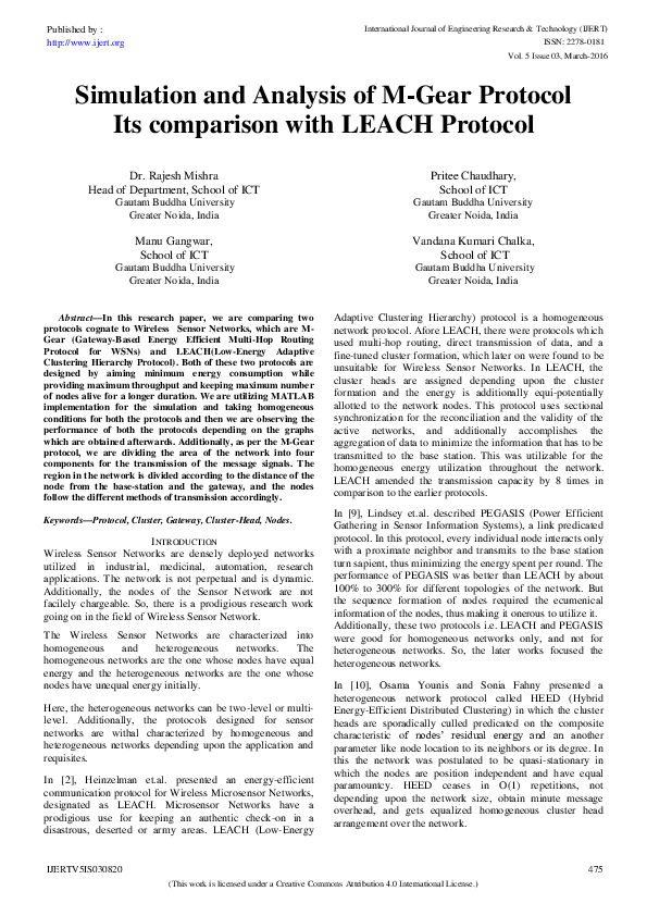 (PDF) Simulation and Analysis of M-Gear Protocol Its comparison with LEACH Protocol