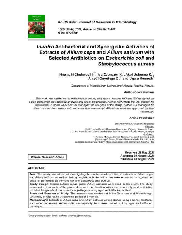 (PDF) In-vitro Antibacterial and Synergistic Activities of Extracts of Allium cepa and Allium ...