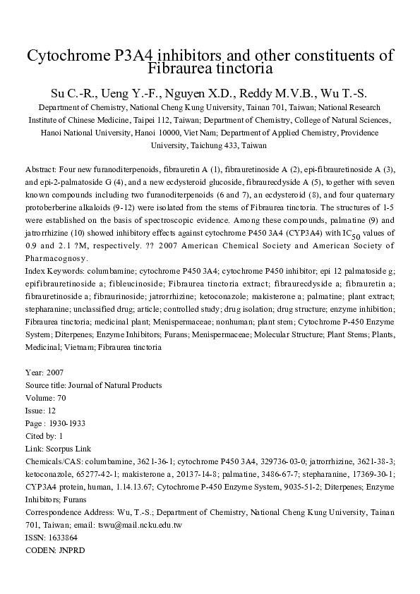 (PDF) Cytochrome P3A4 inhibitors and other constituents of Fibraurea tinctoria