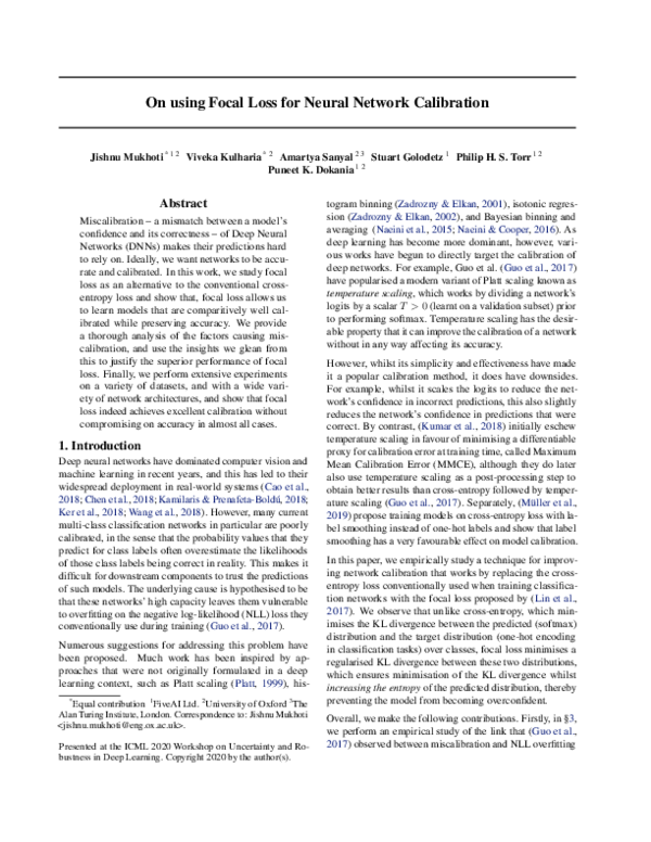 (PDF) On using Focal Loss for Neural Network Calibration