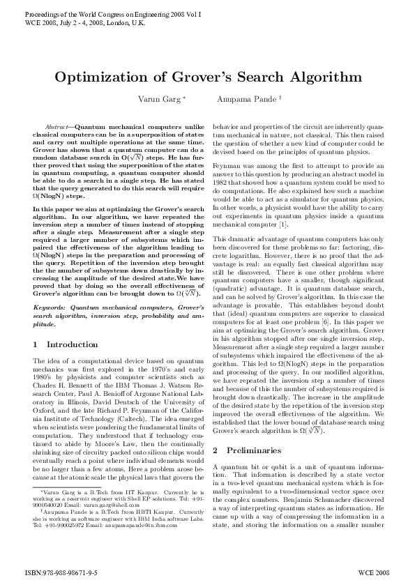 (PDF) Optimization of Grover's Search Algorithm