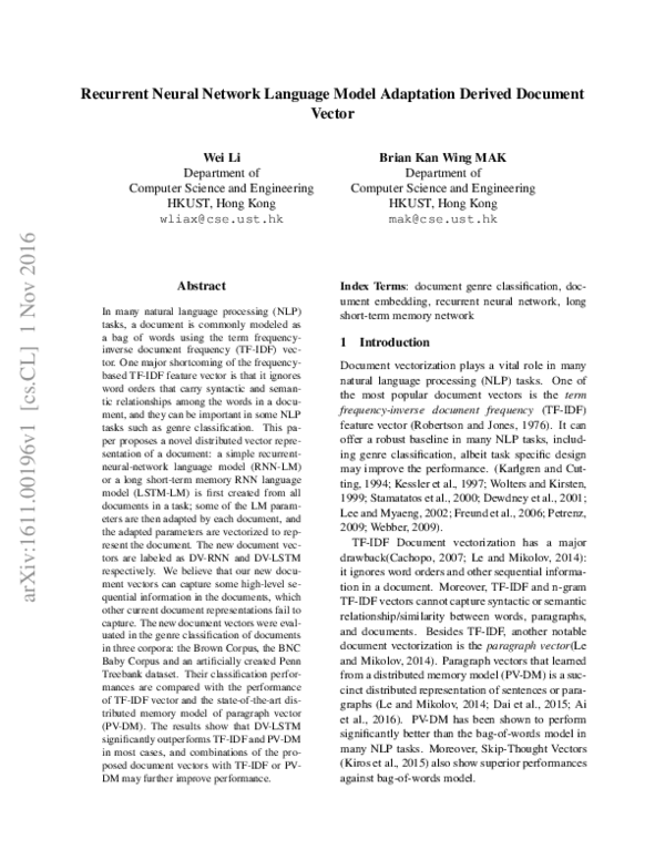 Pdf Recurrent Neural Network Language Model Adaptation Derived Document Vector