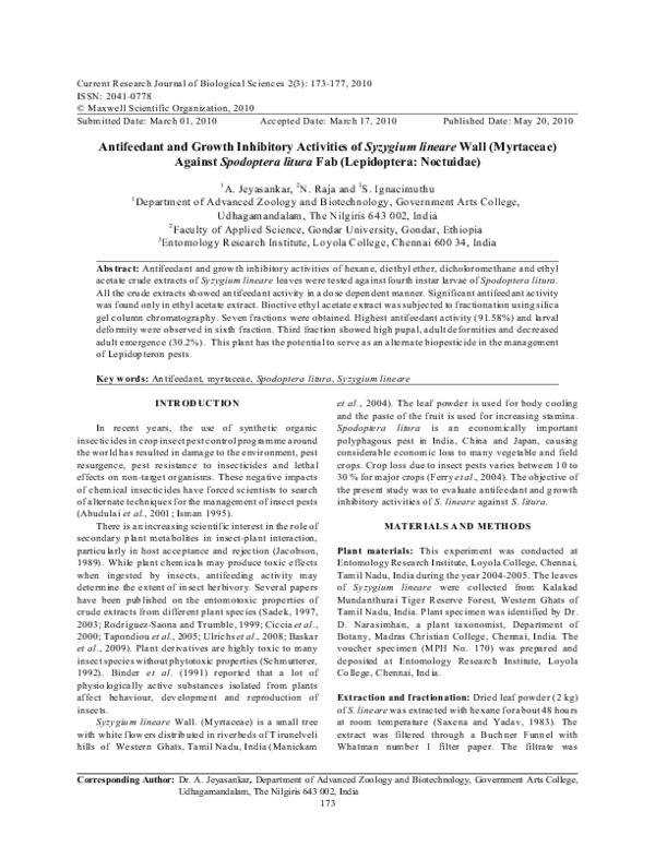 (PDF) Antifeedant and growth inhibitory activities of Syzygium lineare Wall.(Myrtaceae) against ...