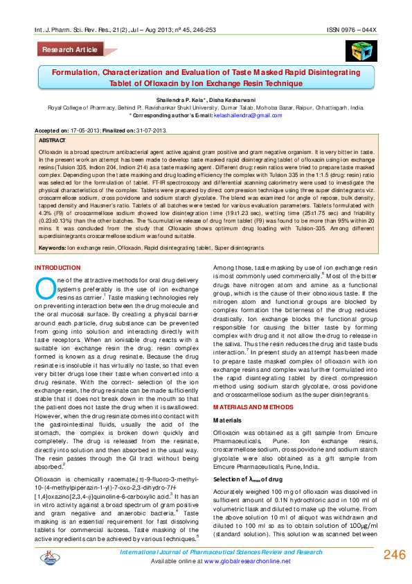 Pdf Formulation Characterization And Evaluation Of Taste Masked Rapid Disintegrating Tablet