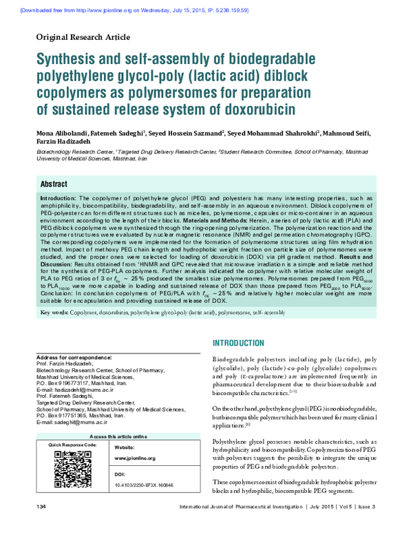 (PDF) Synthesis and self-assembly of biodegradable polyethylene glycol-poly (lactic acid ...