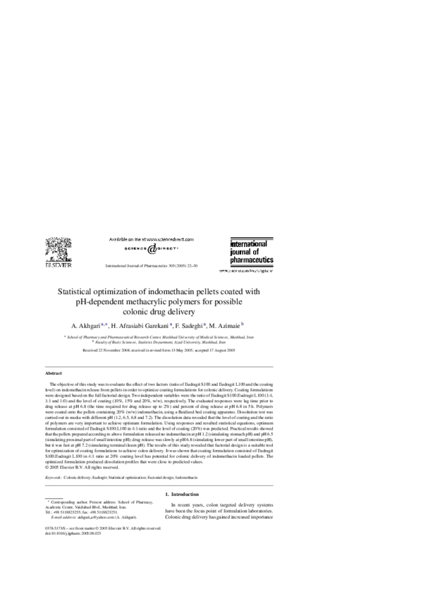 Statistical Optimization Of Indomethacin Pellets Coated With Ph Dependent Methacrylic Polymers