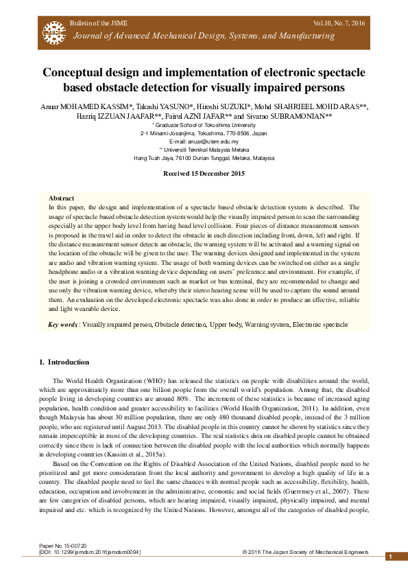 Pdf Conceptual Design And Implementation Of Electronic Spectacle Based Obstacle Detection For