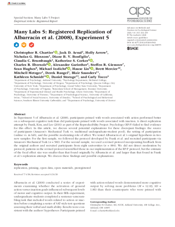 (PDF) Many Labs 5: Registered Replication of Albarracín et al. (2008), Experiment 5