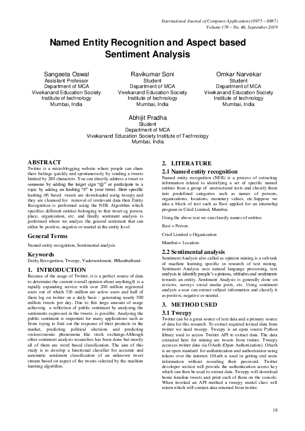Pdf Named Entity Recognition And Aspect Based Sentiment Analysis
