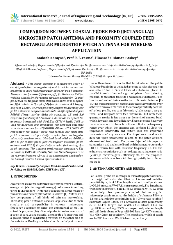 Pdf Comparison Between Coaxial Probe Feed Rectangular Microstrip