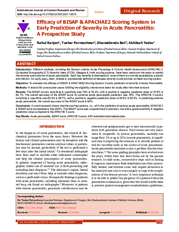 (PDF) Efficacy of BISAP APACHAE2 Scoring System in Early Prediction of ...