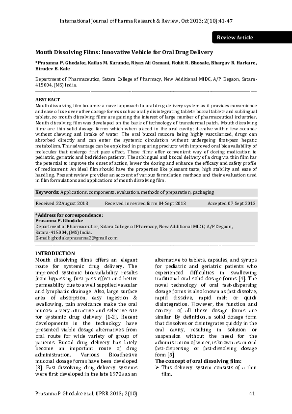 (PDF) Mouth Dissolving Films: Innovative Vehicle for Oral Drug Delivery