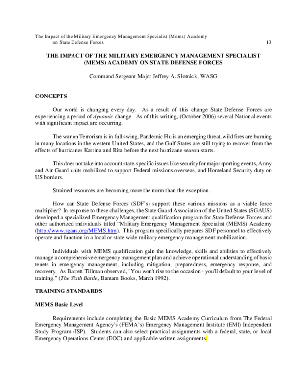 (PDF) The Impact of the Military Emergency Management Specialist (MEMS ...