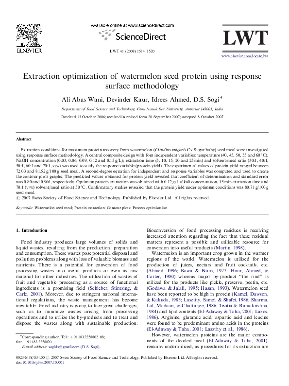 (PDF) Extraction optimization of watermelon seed protein using response ...