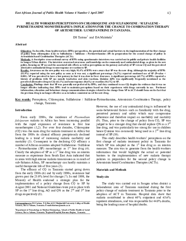 (PDF) Health workers perceptions on chloroquine and sulfadoxine ...