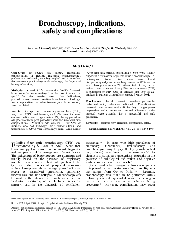 (PDF) Bronchoscopy, indications safety and complications