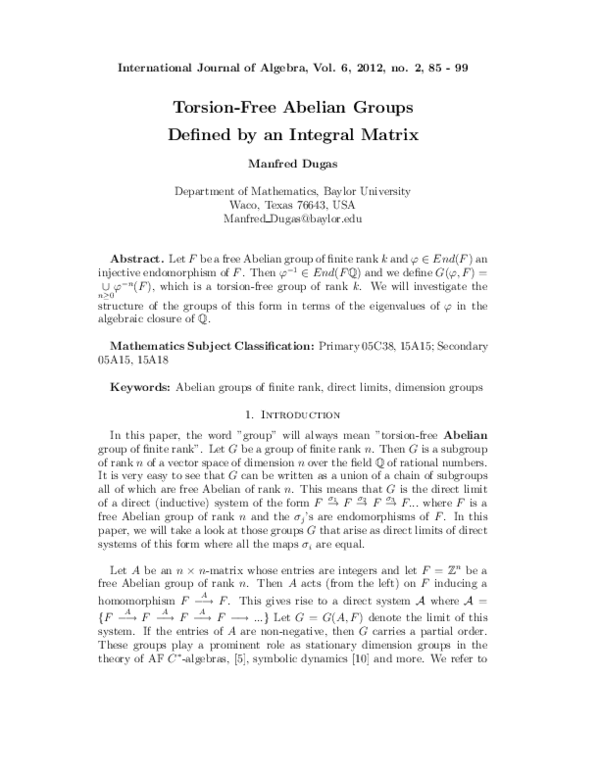 (PDF) Torsion-Free Abelian Groups Defined by an Integral Matrix