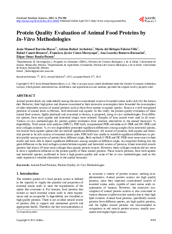 (PDF) Protein Quality Evaluation of Animal Food Proteins by In-Vitro ...
