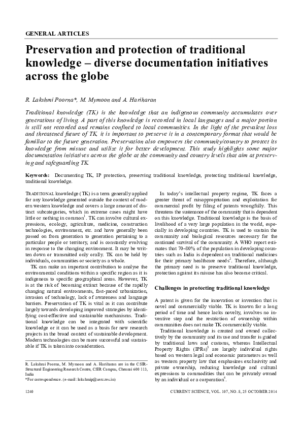 (PDF) Preservation and Protection of Traditional Knowledge – Diverse ...