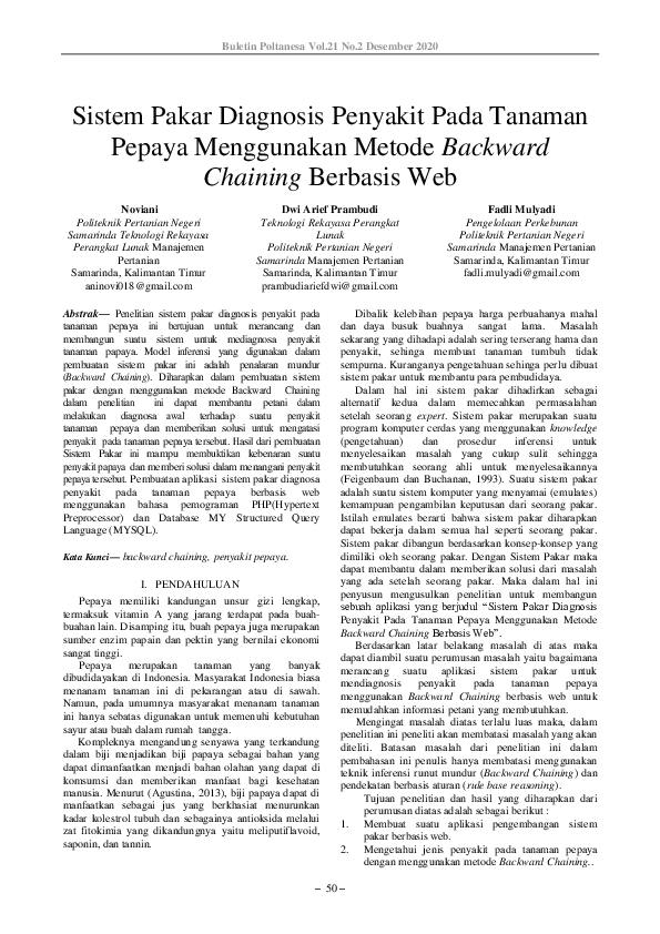 (PDF) Sistem Pakar Diagnosis Penyakit Pada Tanaman Pepaya Menggunakan Metode Backward Chaining ...