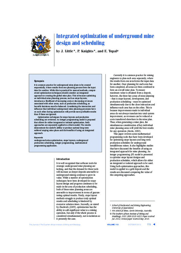 (PDF) Integrated optimization of underground mine design and scheduling