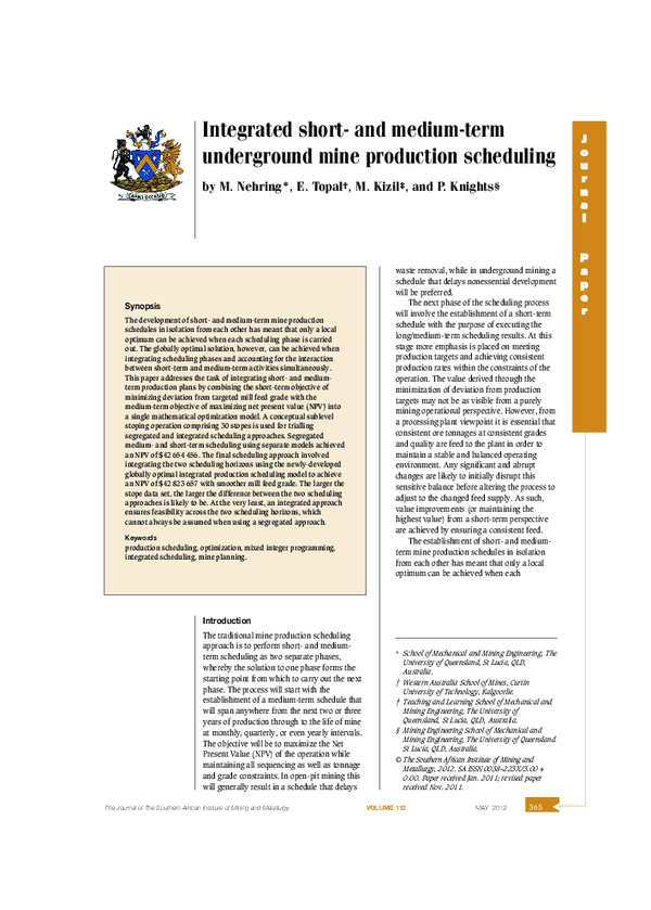(PDF) Integrated short and medium term underground mine production scheduling