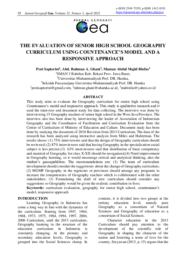 (PDF) The Evaluation of Senior High School Geography Curriculum using Countenance’s Model and A ...