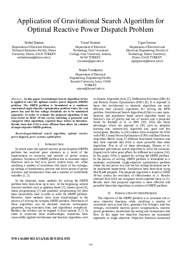 Pdf Application Of Gravitational Search Algorithm For Optimal Reactive Power Dispatch Problem