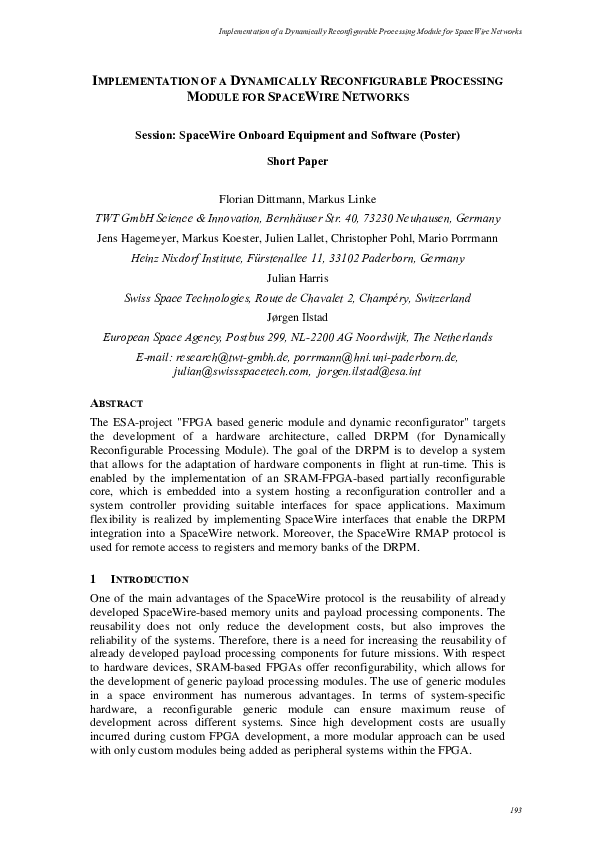 (PDF) Implementation of a Dynamically Reconfigurable Processing Module for SpaceWire Networks