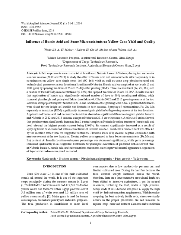 (PDF) Influence of Humic Acid and Some Micronutrients on Yellow Corn ...