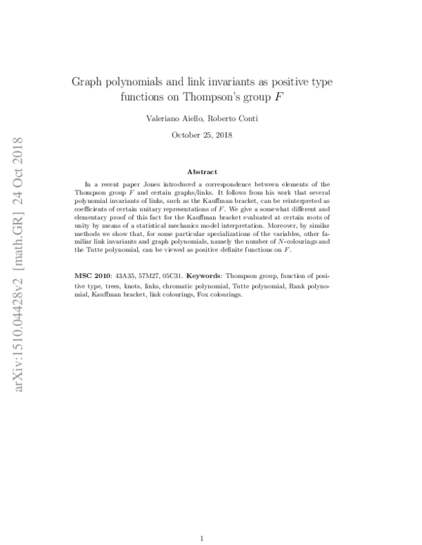 (PDF) Graph polynomials and link invariants as positive type functions on Thompson's group F
