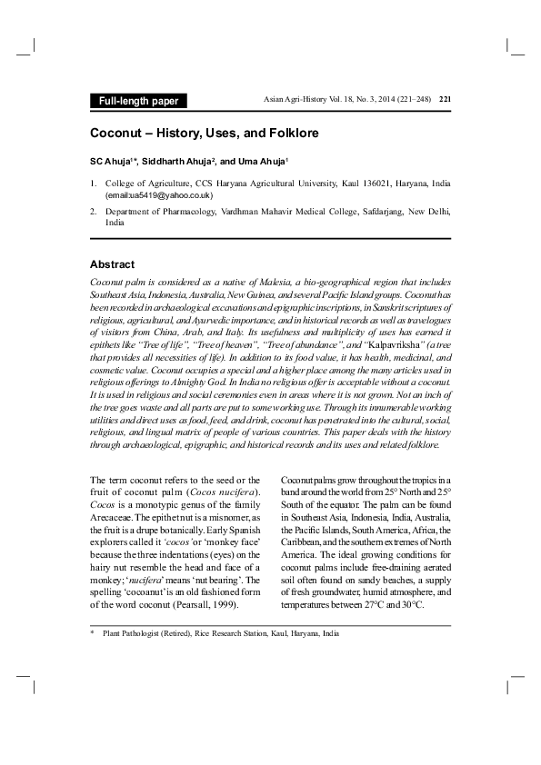 (PDF) Coconut - History, Uses, and Folklore