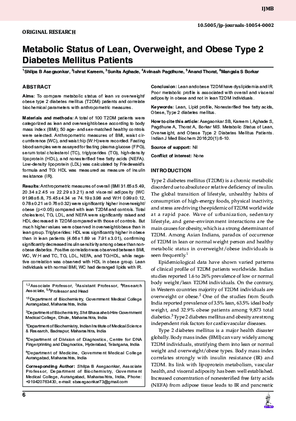 (PDF) Metabolic Status of Lean, Overweight, and Obese Type 2 Diabetes ...