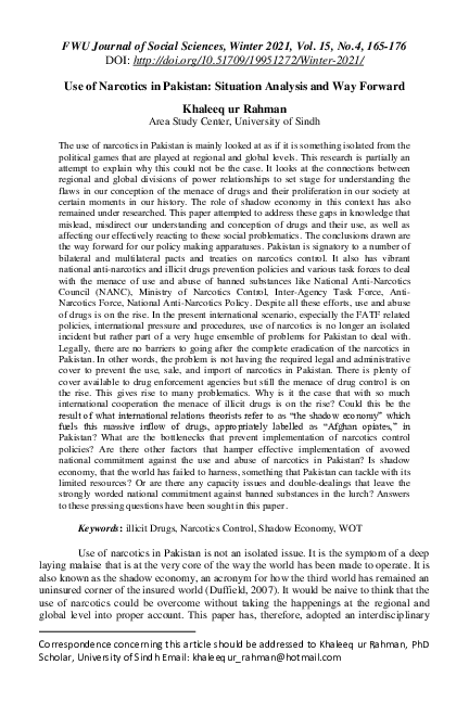 (PDF) Use of Narcotics in Pakistan: Situation Analysis and Way Forward