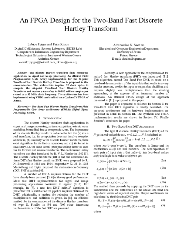Pdf Fpga Implementation Of Two Band Hartley Transform 