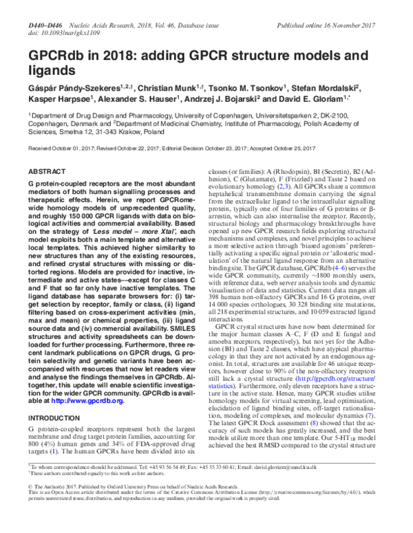(PDF) GPCRdb in 2018: adding GPCR structure models and ligands