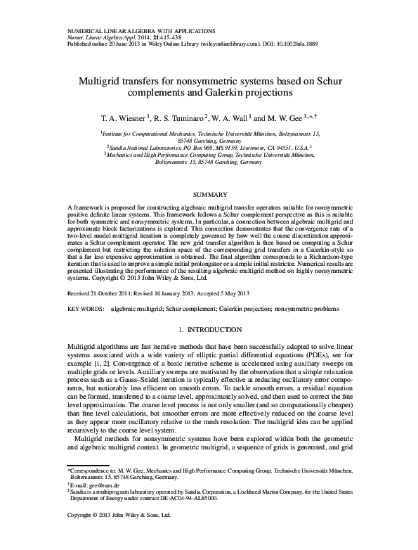 (PDF) Multigrid transfers for nonsymmetric systems based on Schur complements and Galerkin ...