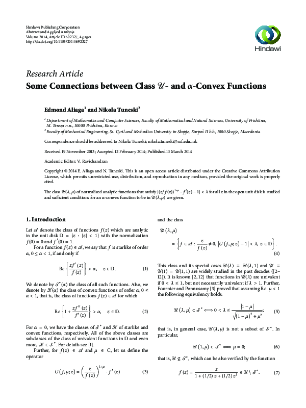 (PDF) Some Connections between Class U-and α-Convex Functions