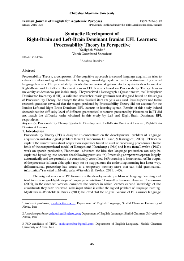 (PDF) Syntactic Development of Right-Brain and Left-Brain Dominant ...