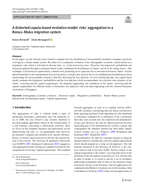 (PDF) A distorted copula-based evolution model: risks' aggregation in a Bonus-Malus migration ...