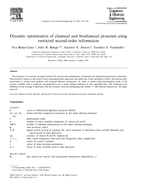 (PDF) Dynamic Optimization of Chemical and Biochemical Processes Using Restricted Second-Order ...
