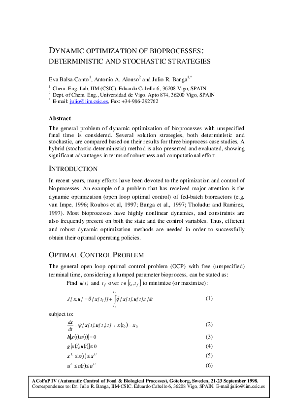 (PDF) Dynamic optimization of bioprocesses: deterministic and stochastic strategies